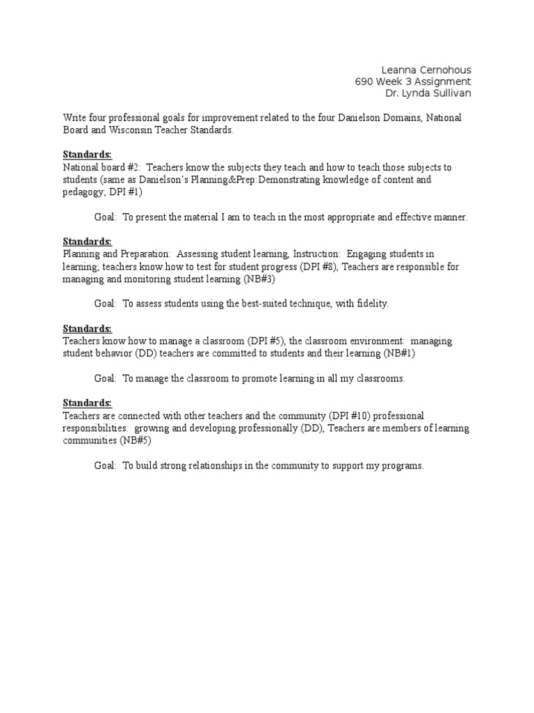 Teacher Goals for Danielson Domains | PDF | Teachers | Classroom
