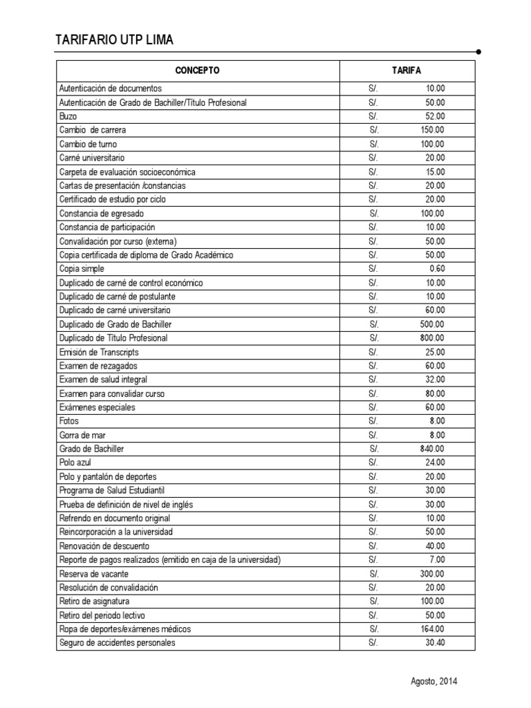 Tarifario UTP 2025: Costos y Servicios | PDF