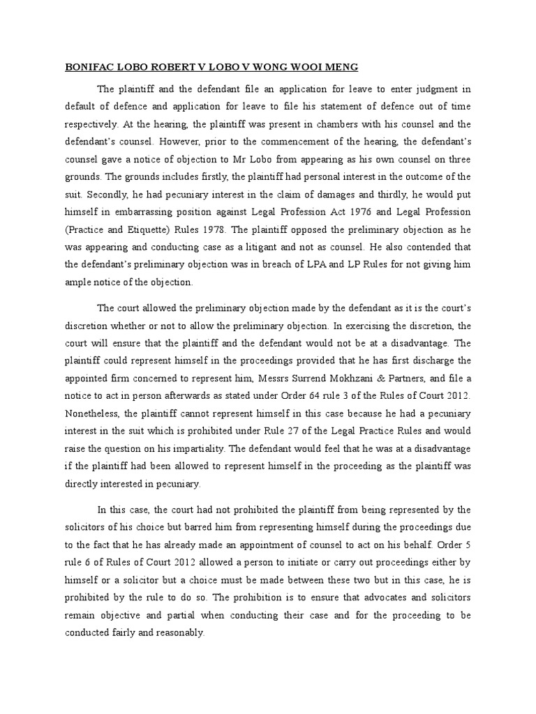 Bonifac Lobo Robert V Lobo V Wong Wooi Meng | PDF | Lawsuit | Judiciaries Bonifac Lobo Robert V Lobo V Wong Wooi Meng | PDF | Lawsuit | Judiciaries