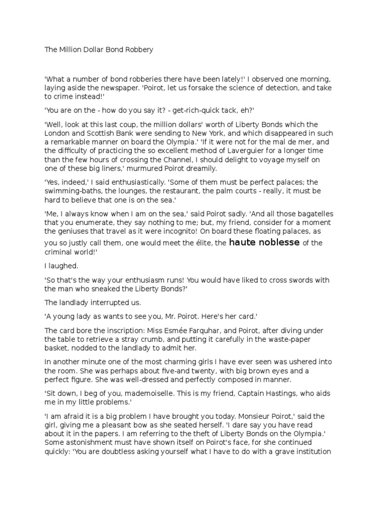 The Million Dollar Bond Robbery | PDF | Arthur Hastings | Hercule Poirot