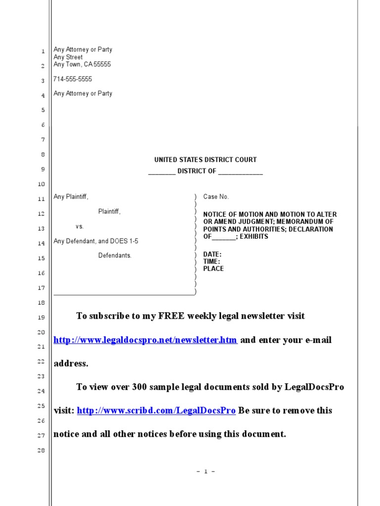 Sample Motion To Alter or Amend Judgment Under Rule 59 (E) | PDF ...