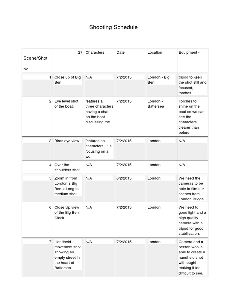 Shooting Schelude - Word | PDF | Close Up | Imaging