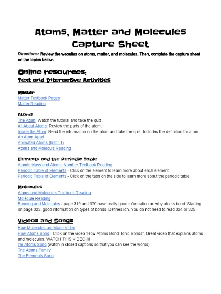 Atoms, Matter and Molecules Capture Sheet: Online Resources | PDF