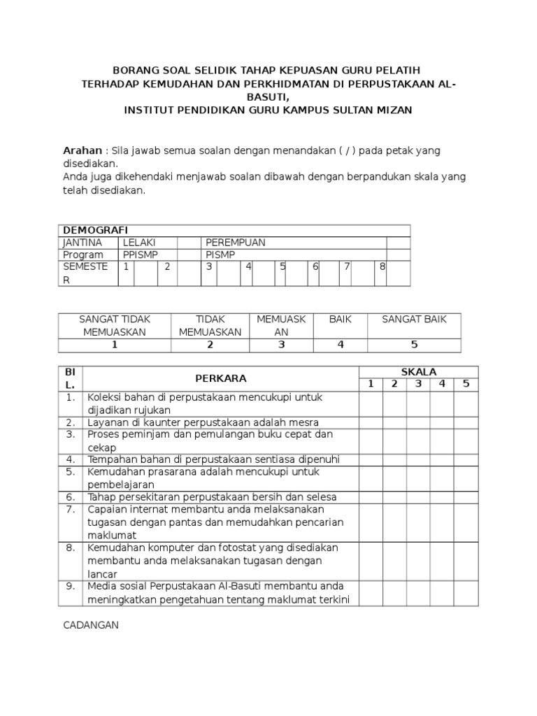 Borang Soal Selidik Tahap Kepuasan Hati Guru Pelatih | PDF