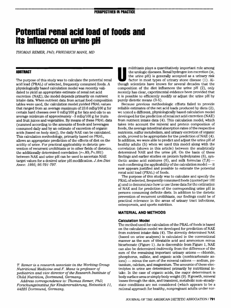 Potential Renal Acid Load of Foods and Its Influence On Urine PH | PDF