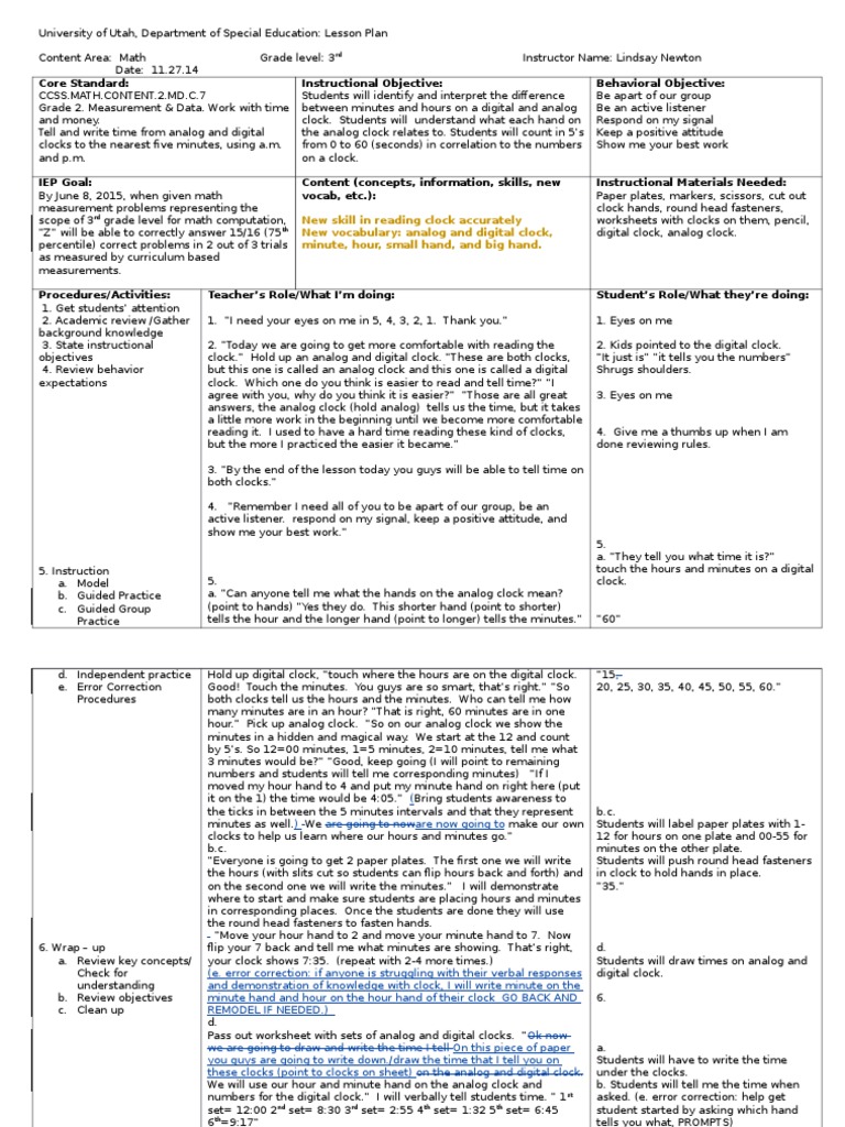 Telling Time Lesson 1 Clock Lesson Plan