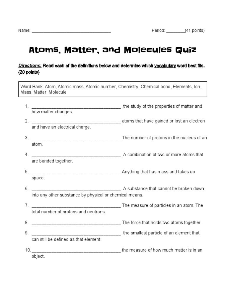 Atoms, Matter, and Molecules Quiz: Directions | PDF | Science ...