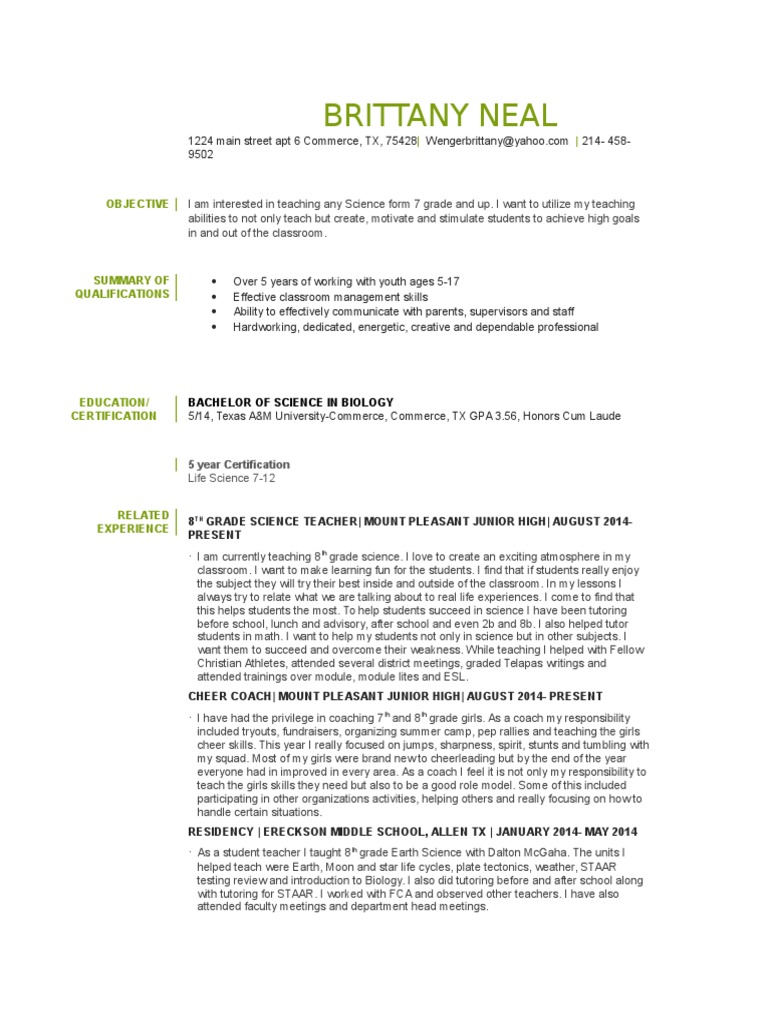 Brittany Neal Resume | PDF | Cheerleading | Schools