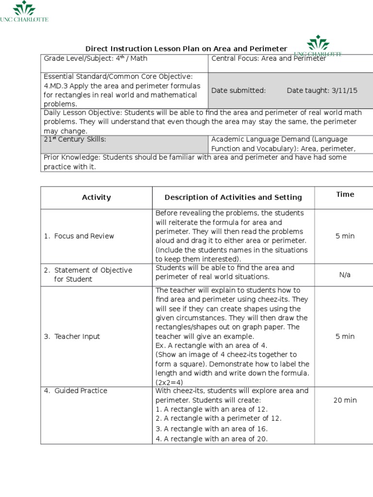 Area and Perimeter Lesson Plan | PDF | Lesson Plan | Educational Assessment