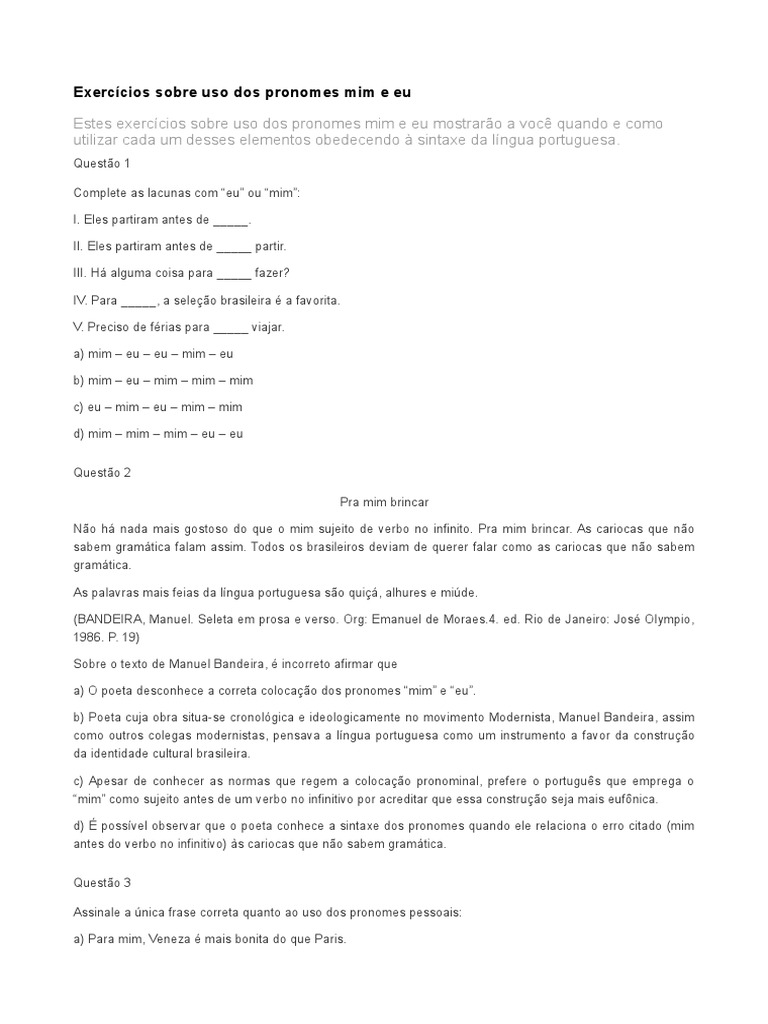 Exercícios sobre pronomes "eu" e "mim" | PDF | Pronome | Assunto ...
