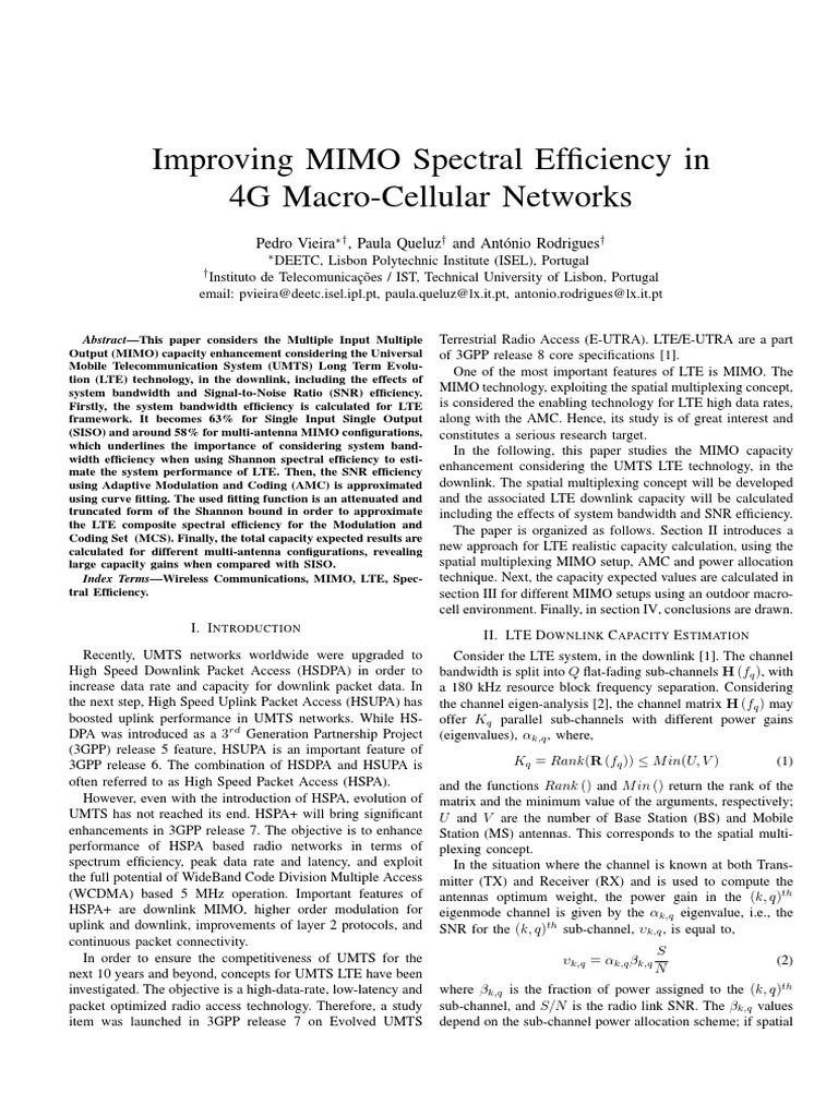 Improving MIMO Spectral Efficiency in 4G Macro-Cellular Networks | PDF | High Speed Packet ...