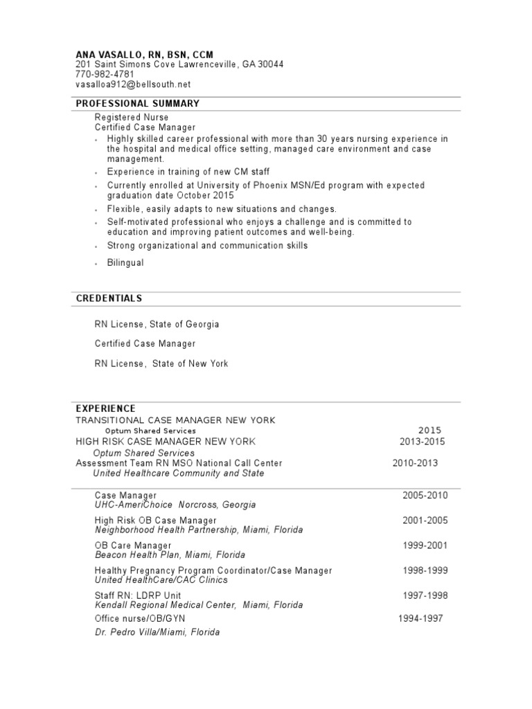 Ana Vassallo, RN, BSN, CCM Resume | PDF