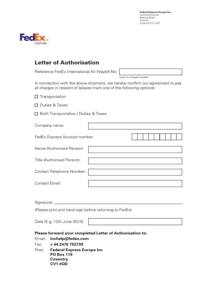 FedEx Letter of Authorization Template | PDF | Business | Finance ...