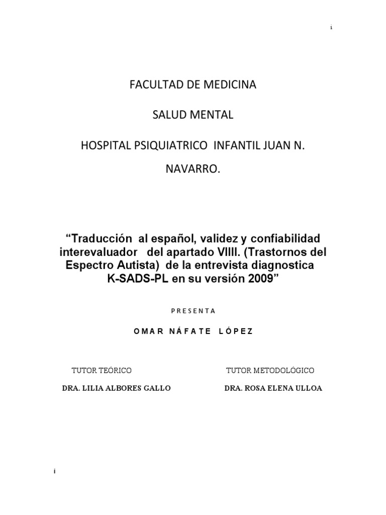 Traducción Al Español, Validez y Confiabilidad de K-SADS-PL | PDF ...