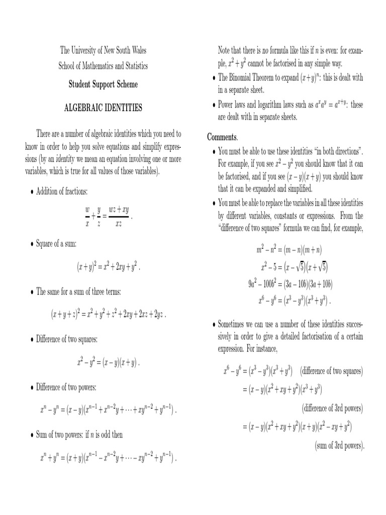 Algebraic Identities | PDF | Factorization | Equations
