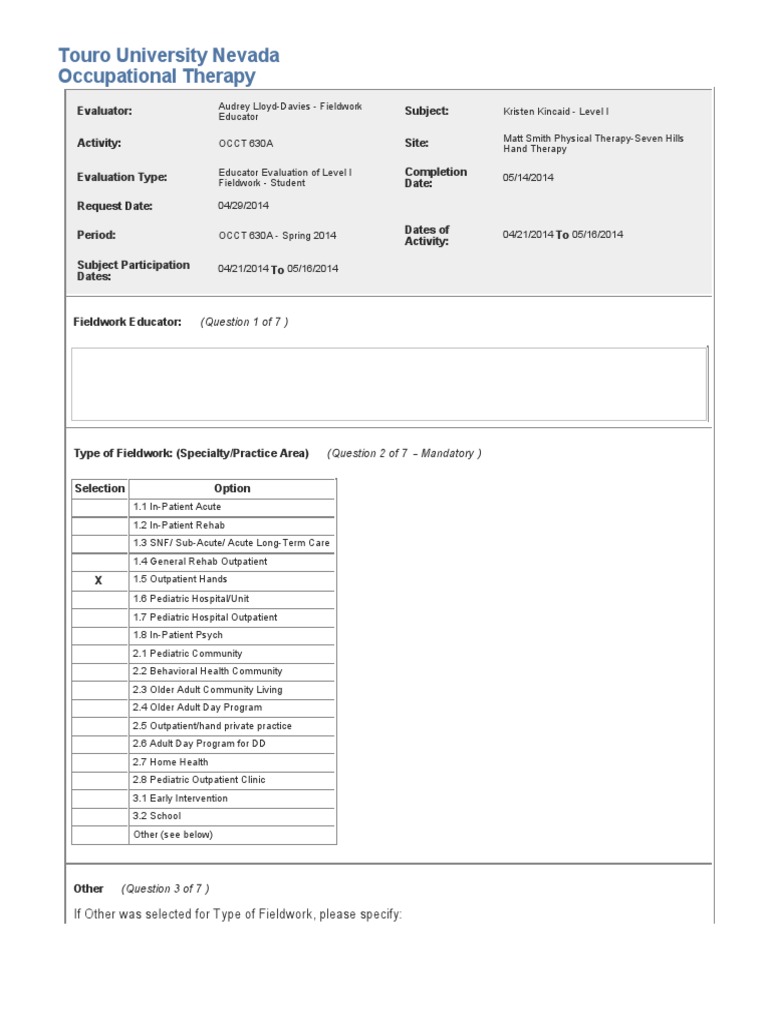 Occupational Therapy Fieldwork Evaluation | PDF | Occupational Therapy ...
