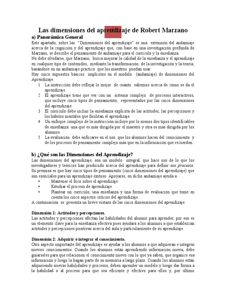 Las Dimensiones Del Aprendizaje de Robert Marzano | PDF | Aprendizaje ...
