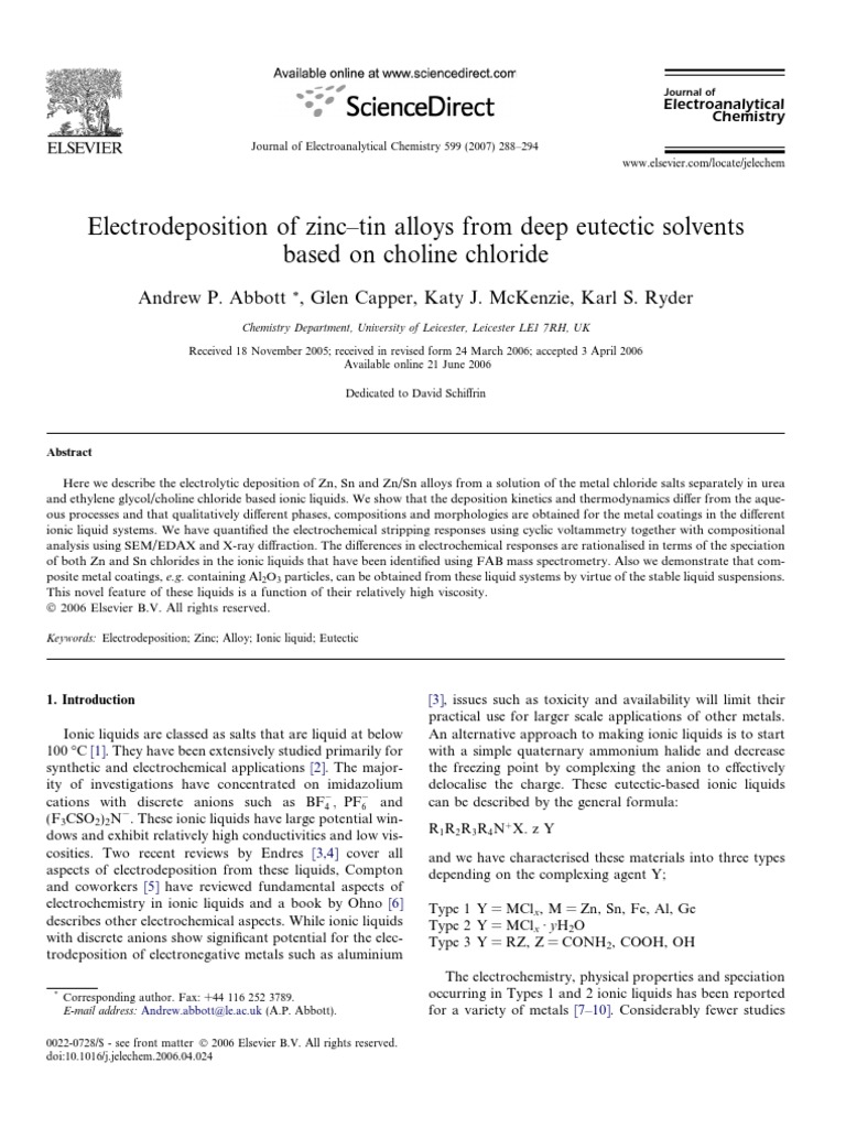 Electrodeposition of Zinc-Tin Alloys From Deep Eutectic Solvents Based On Choline Chloride | PDF ...