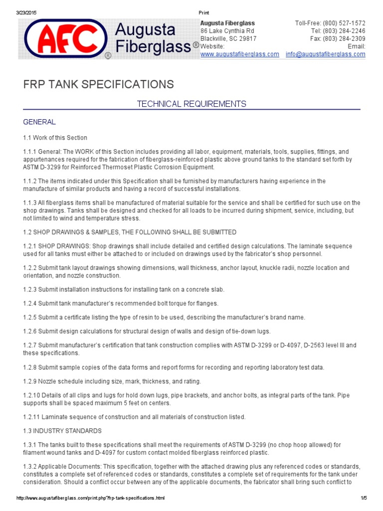 FRP Tank Specifications Guide | PDF | Fiberglass | Fibre Reinforced Plastic