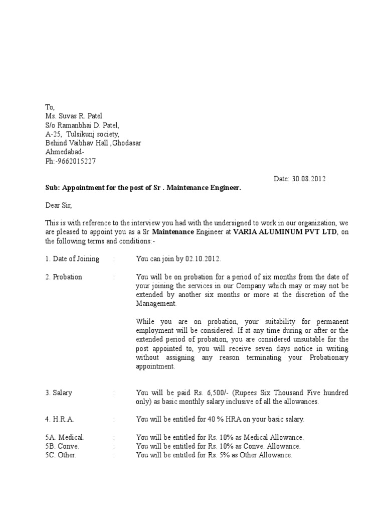 Appointment Letter Template | PDF | Employment | Salary