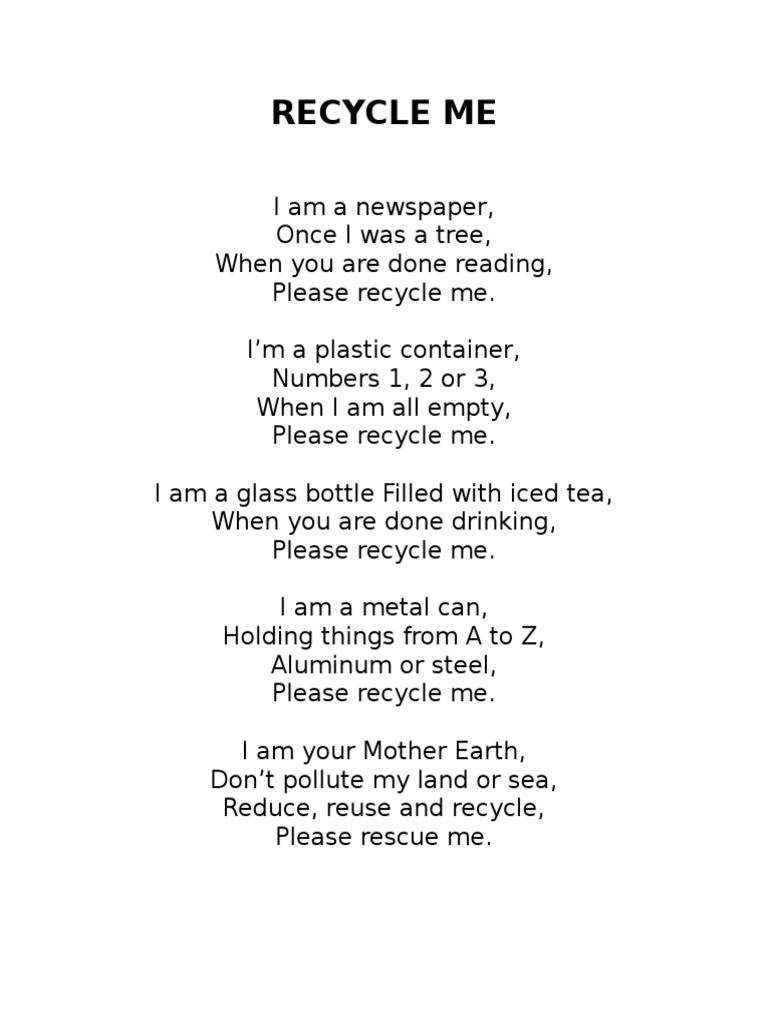 Reduce Reuse Recycle Poem For Kids