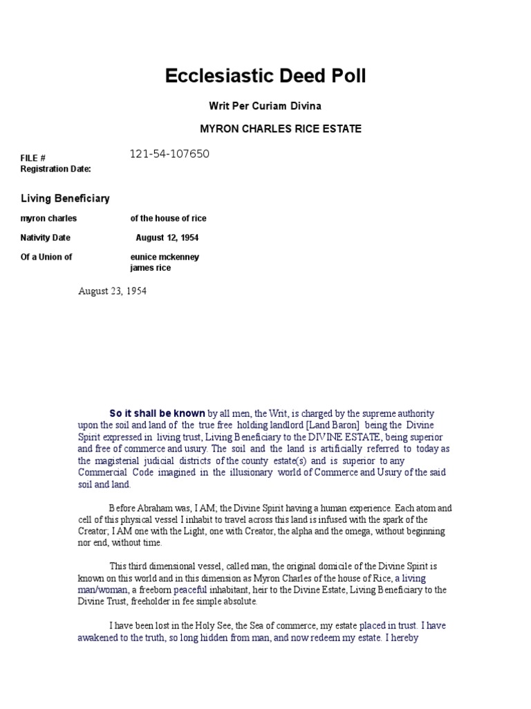 Ecclesiastic Deed Poll Revised 12-26-12 | PDF | Trust Law | Slavery