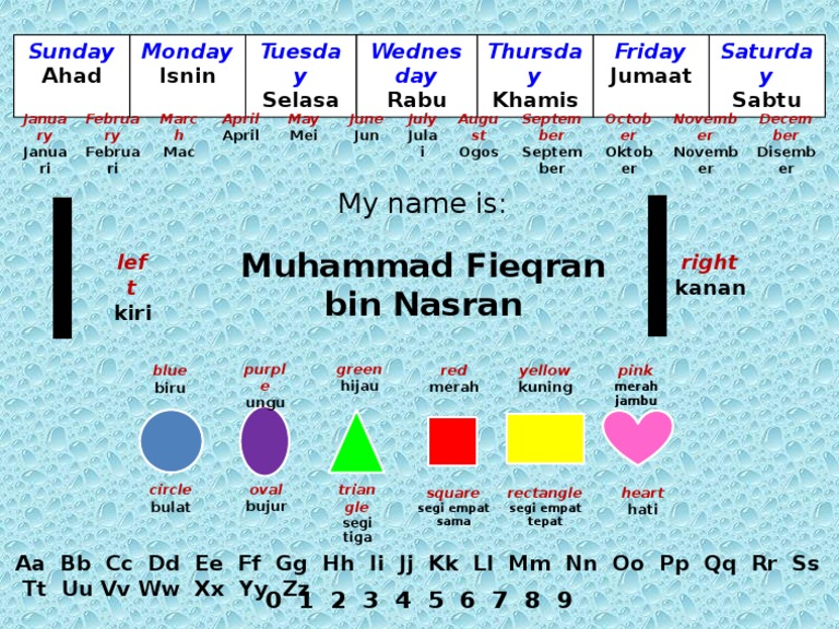 English-Malay Days, Months, Shapes, Colors, Directions, and Alphabet ...