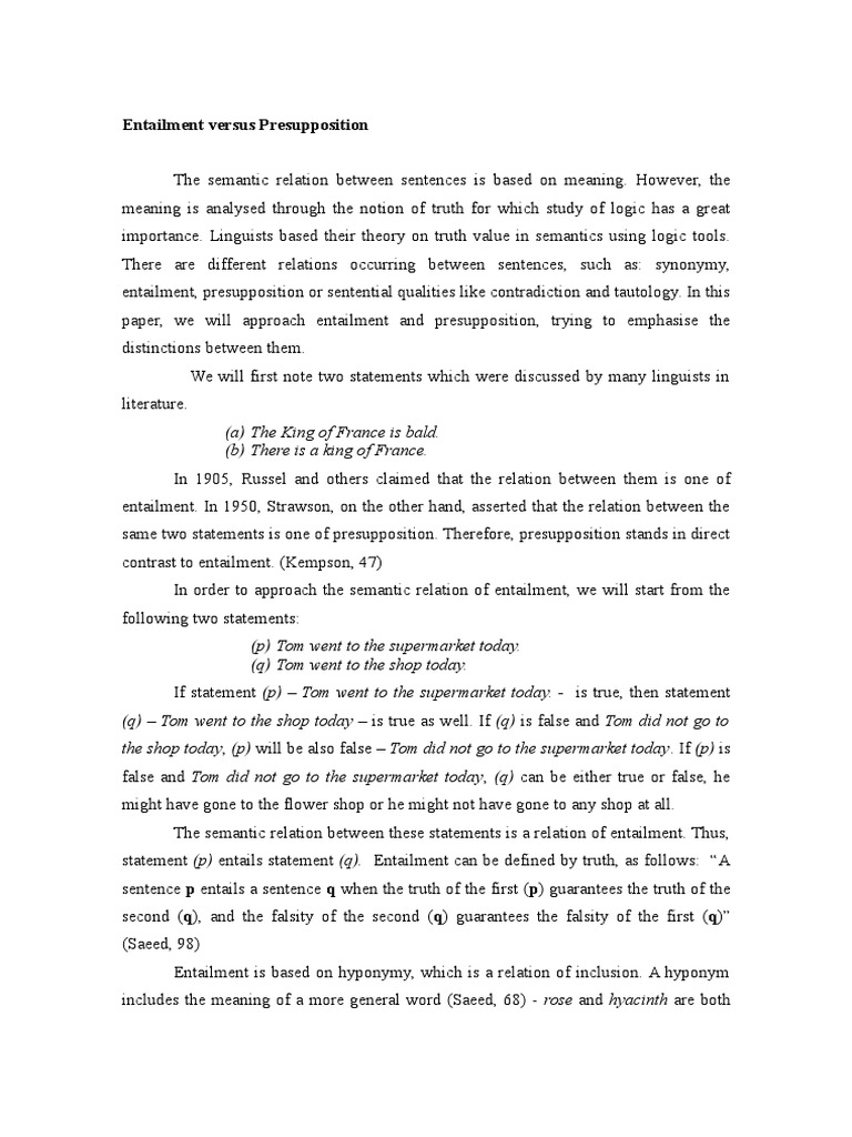 Entailment Versus Presupposition | PDF | Logical Consequence | Logic