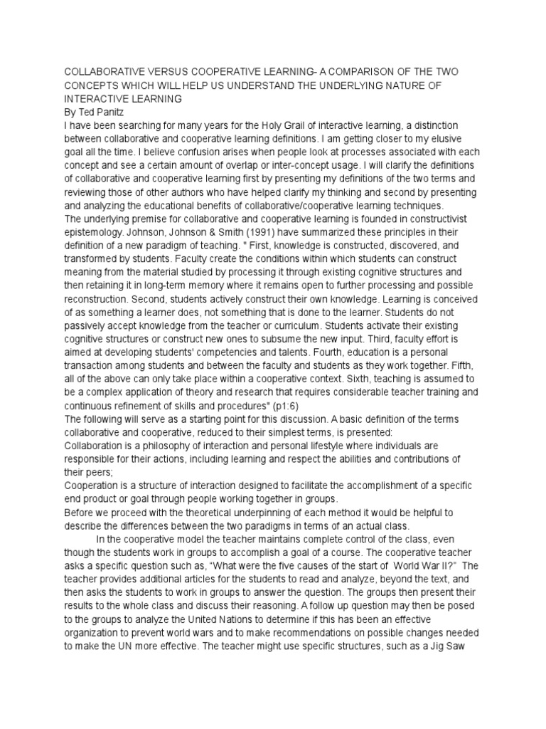 Collaborative Vs Cooperative Learning | PDF