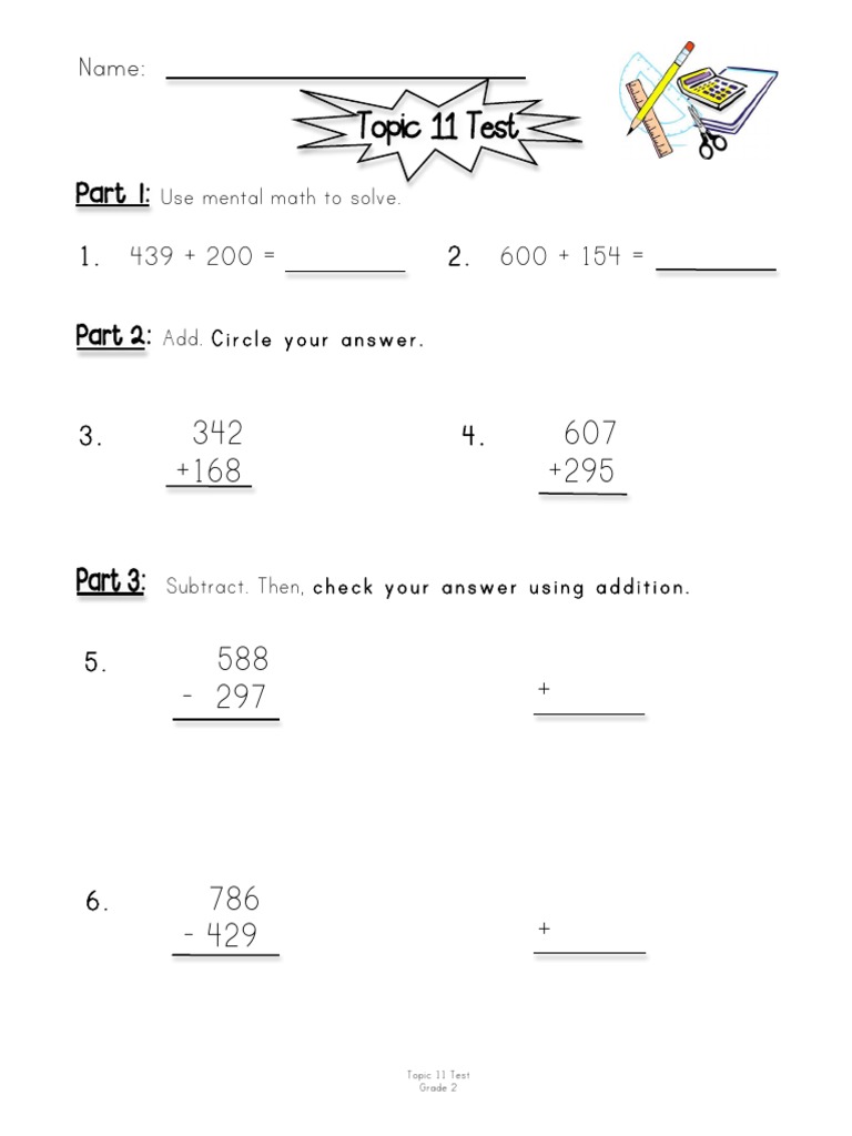 Grade 2 Math Test: Addition & Subtraction | PDF