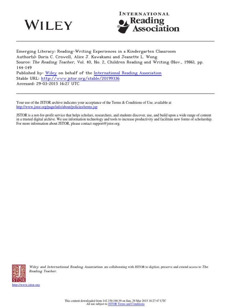 Emerging Literacy: Reading-Writing Experiences in A Kindergarten ...