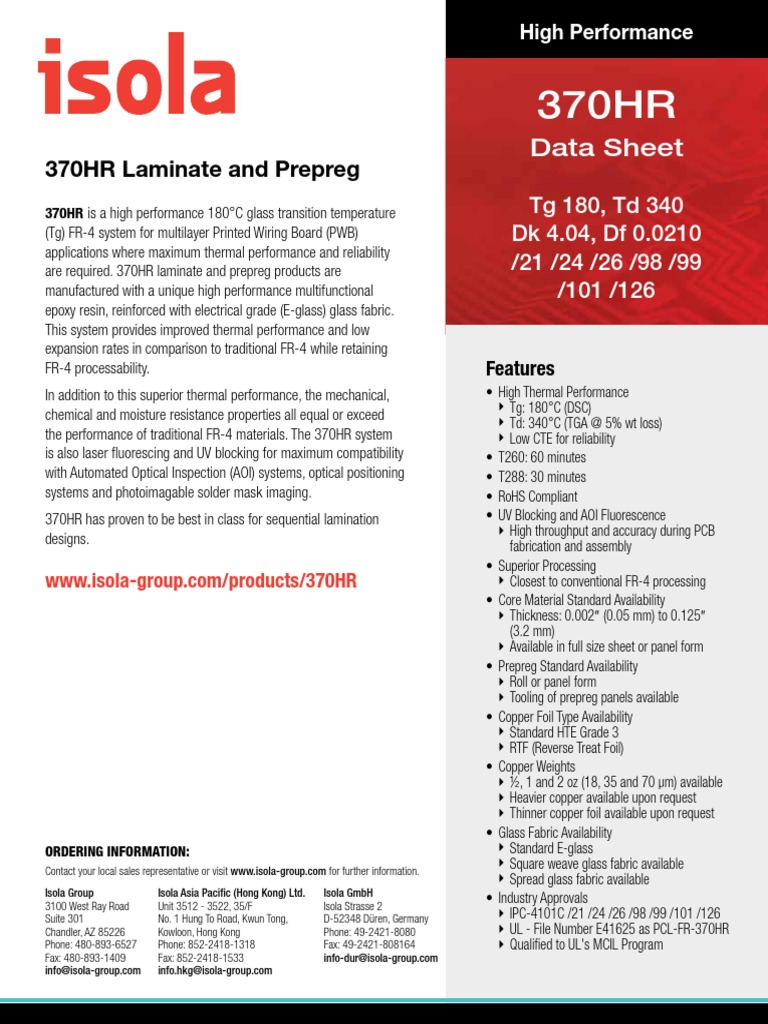 370HR Laminate and Prepreg Data Sheet Isola | PDF | Printed Circuit ...