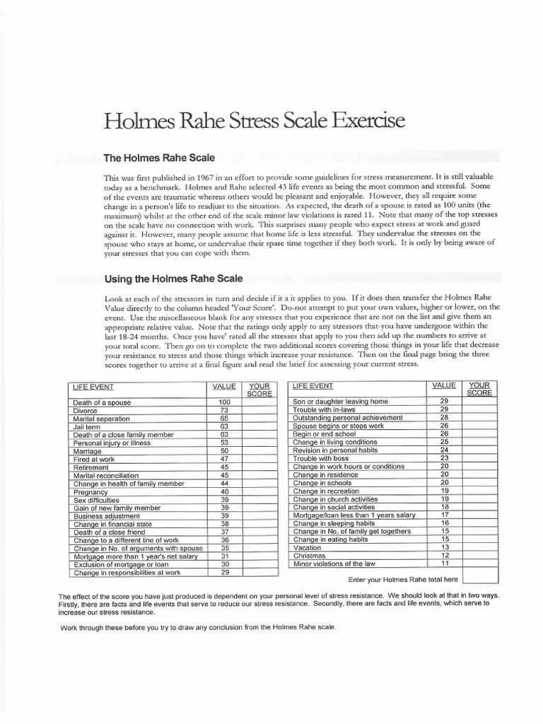 Holmes Rahe Stress Scale Exercise | PDF