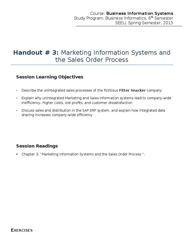 Handout # 3: Marketing Information Systems And: The Sales Order Process ...
