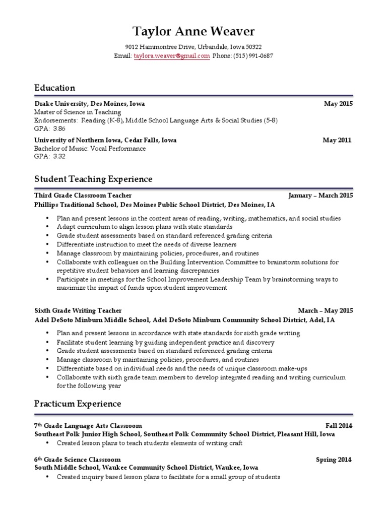 Taylor Weaver Resume | PDF | Curriculum | Lesson Plan
