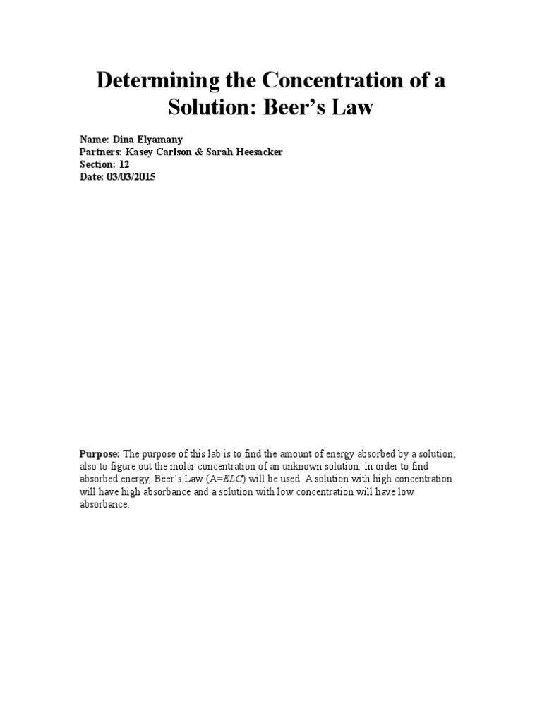 Using Beer’s Law to Determine Concentration | PDF | Absorbance | Mole ...