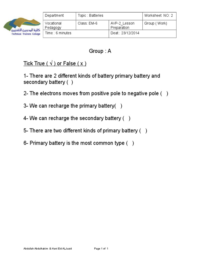 Department Topic: Batteries Worksheet NO: 2 Vocational Pedagogy Class ...