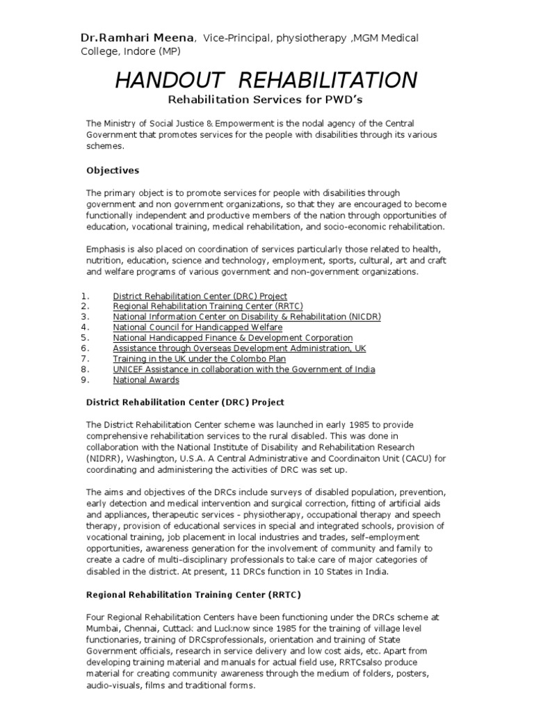 Rehabilitation Services for Disabilities in India | PDF | Physical ...