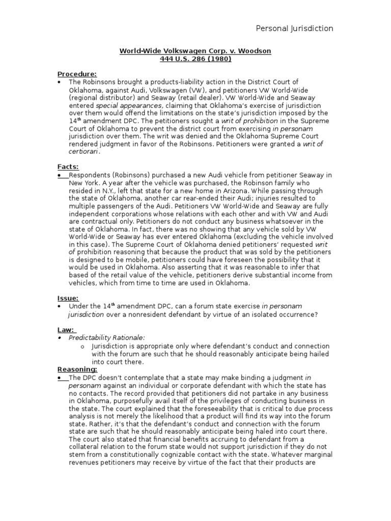 World-Wide Volkswagen Corp. v. Woodson | PDF | Supreme Court Case Law ...