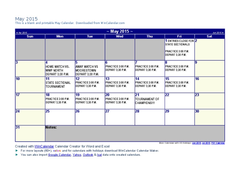 Printable May 2015 Calendar Template | PDF