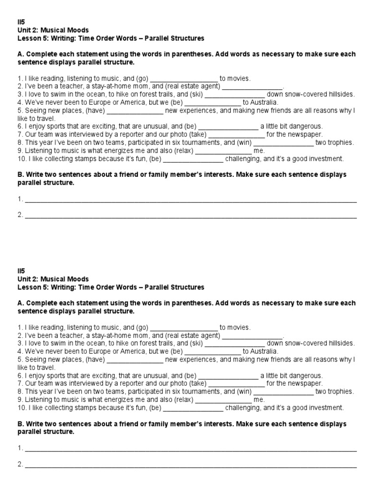 Writing Parallel Structures Worksheet | PDF | Language Arts ...