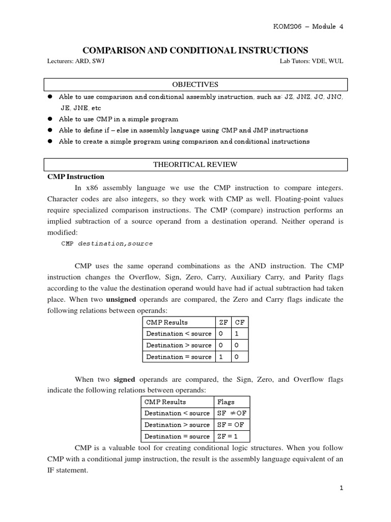 Comparison and Conditional Instructions: Objectives | PDF | Instruction Set | Computer Architecture