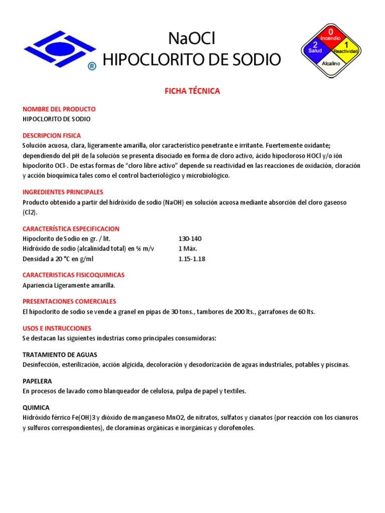 Ficha Tecnica Hipoclorito Mexico | Cloro | Sustancias químicas