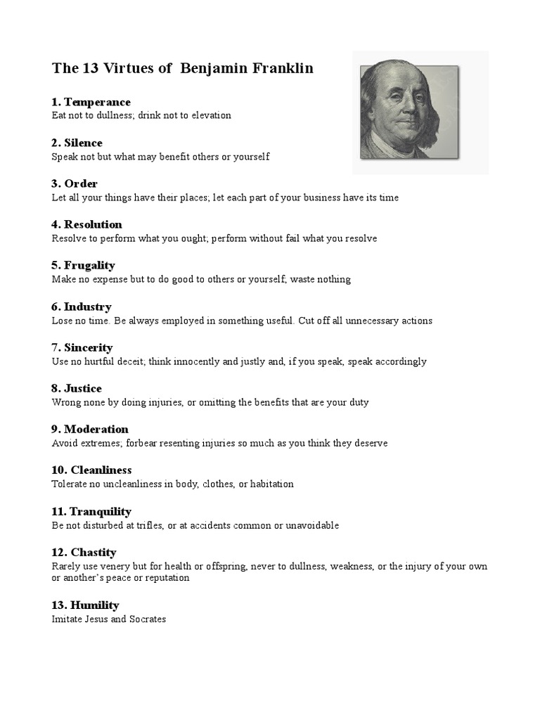 Benjamin Franklin's 13 Virtues Explained | PDF