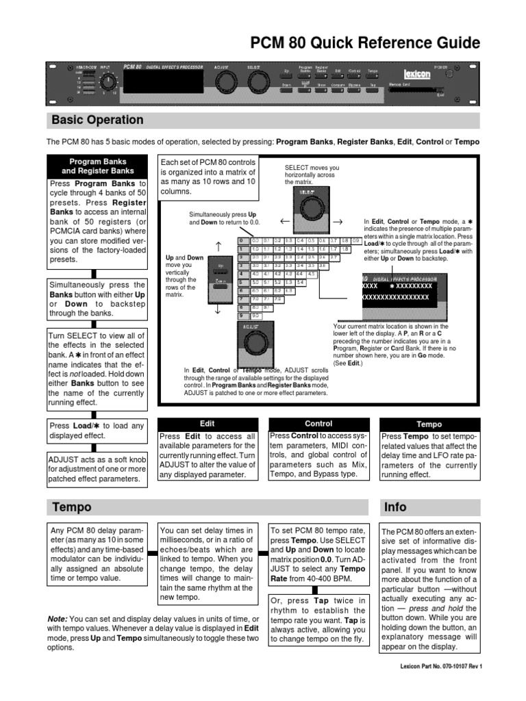 Lexicon PCM80 Quick Reference Guide | PDF | Tempo | Parameter (Computer Programming)