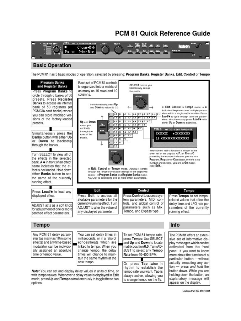 Lexicon PCM 81 Quick Reference Guide | PDF | Tempo | Parameter ...