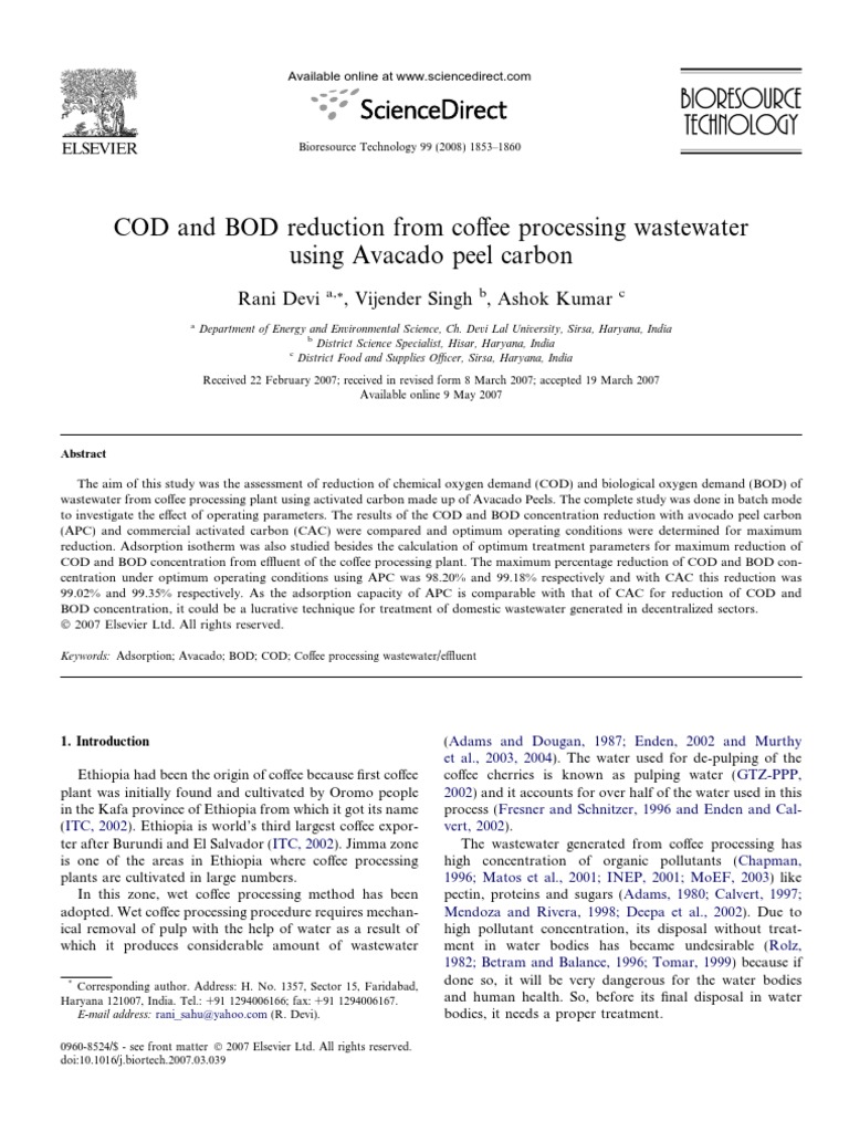 COD and BOD Reduction From Coffee Processing Wastewater Using Avacado Peel Carbon | PDF ...