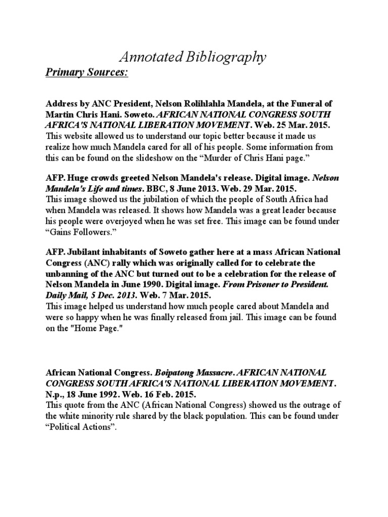 Annotated Bibliography | Nelson Mandela | African National Congress
