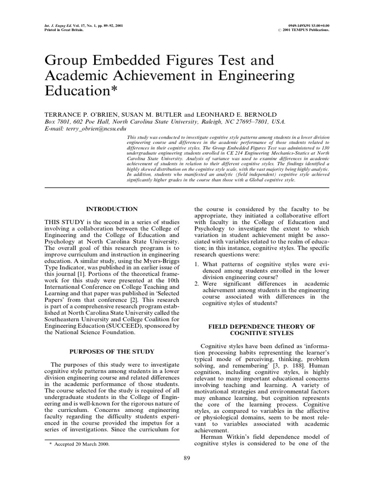 Group Embedded Figures Test and Academic Achievement in Engineering ...
