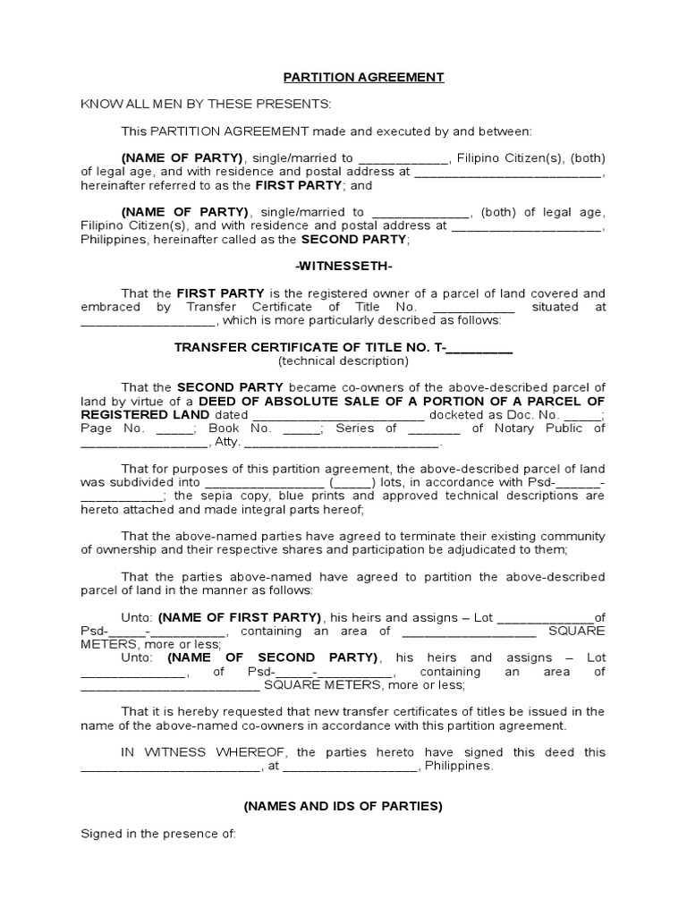 Sample Partition Agreement Document | Deed | Politics